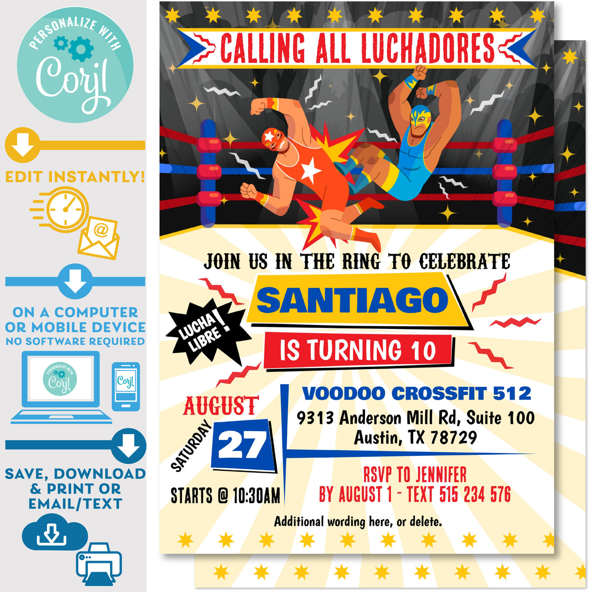 PRINTABLE 5" x 7" Lucha Libre Mexican Wrestling Birthday Invitation ...