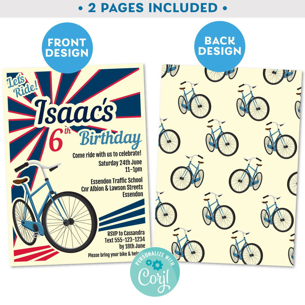 PRINTABLE Retro Bike Invitation in Blue and Red 5" x 7" – Invite Central