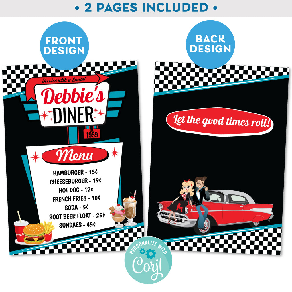 PRINTABLE 50s Diner Menu in Black, Red and Teal 5" x 7" – Invite Central