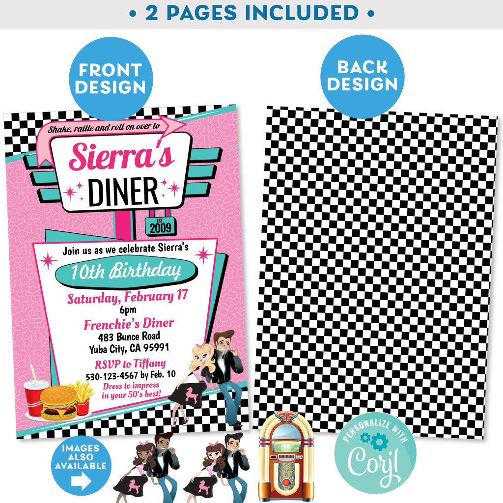 PRINTABLE 50s Diner Invitation in Pink and Teal 5" x 7" – Invite Central