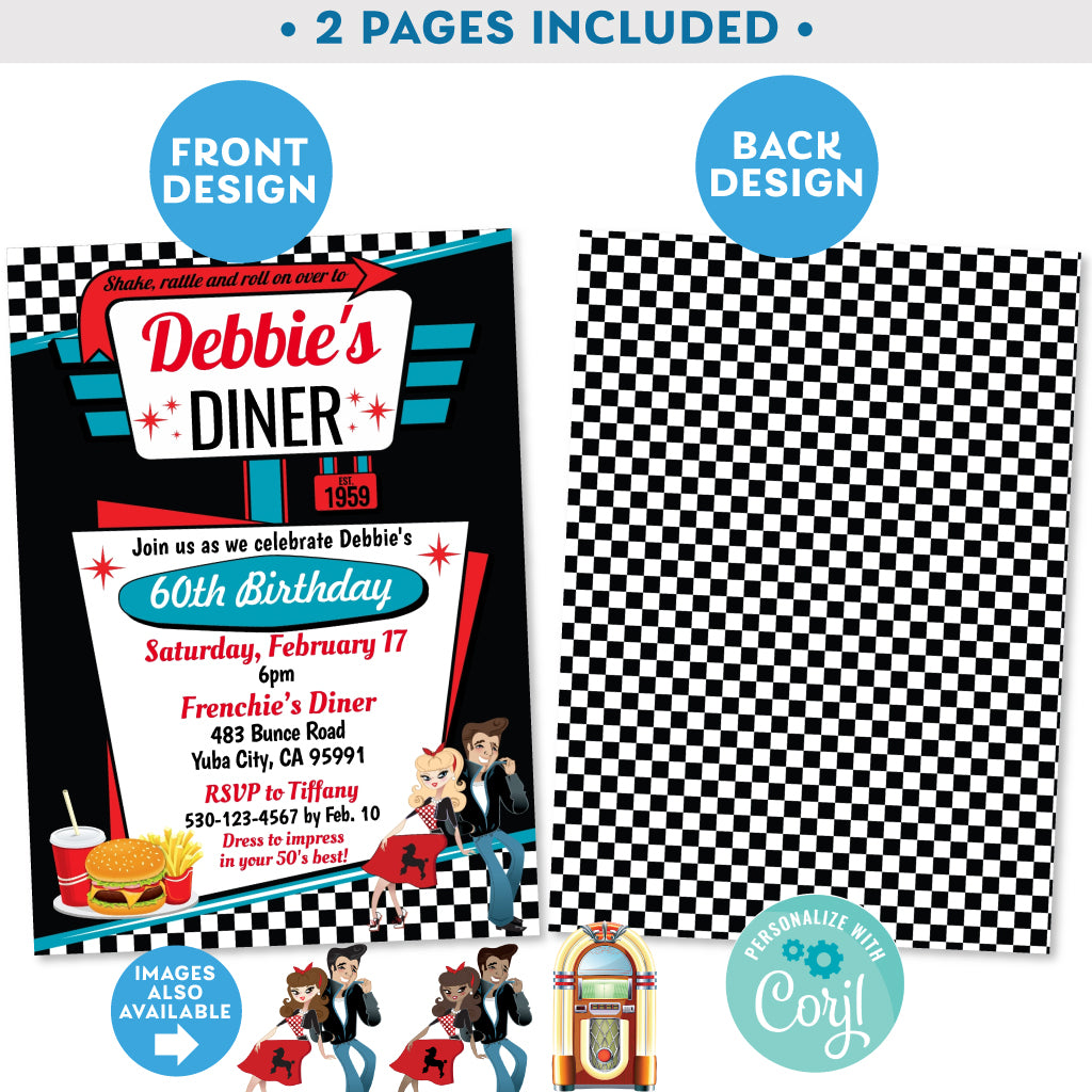 PRINTABLE 50s Diner Invitation in Black, Red and Teal 5" x 7" – Invite ...