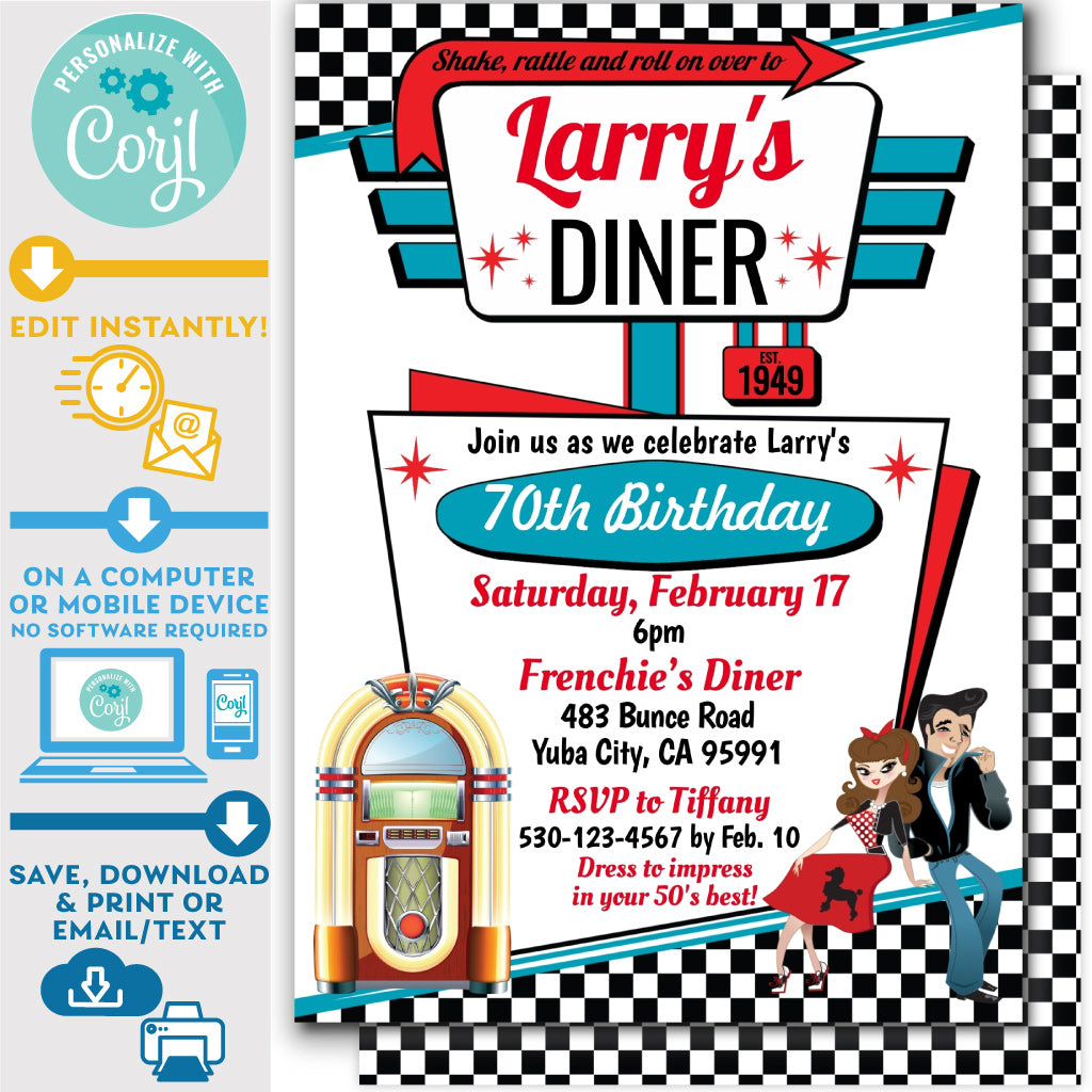 PRINTABLE 50s Diner Invitation in White, Red and Teal 5" x 7" – Invite ...