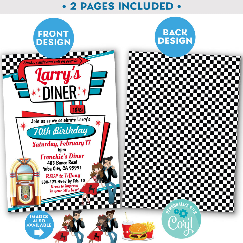 PRINTABLE 50s Diner Invitation in White, Red and Teal 5" x 7" – Invite ...