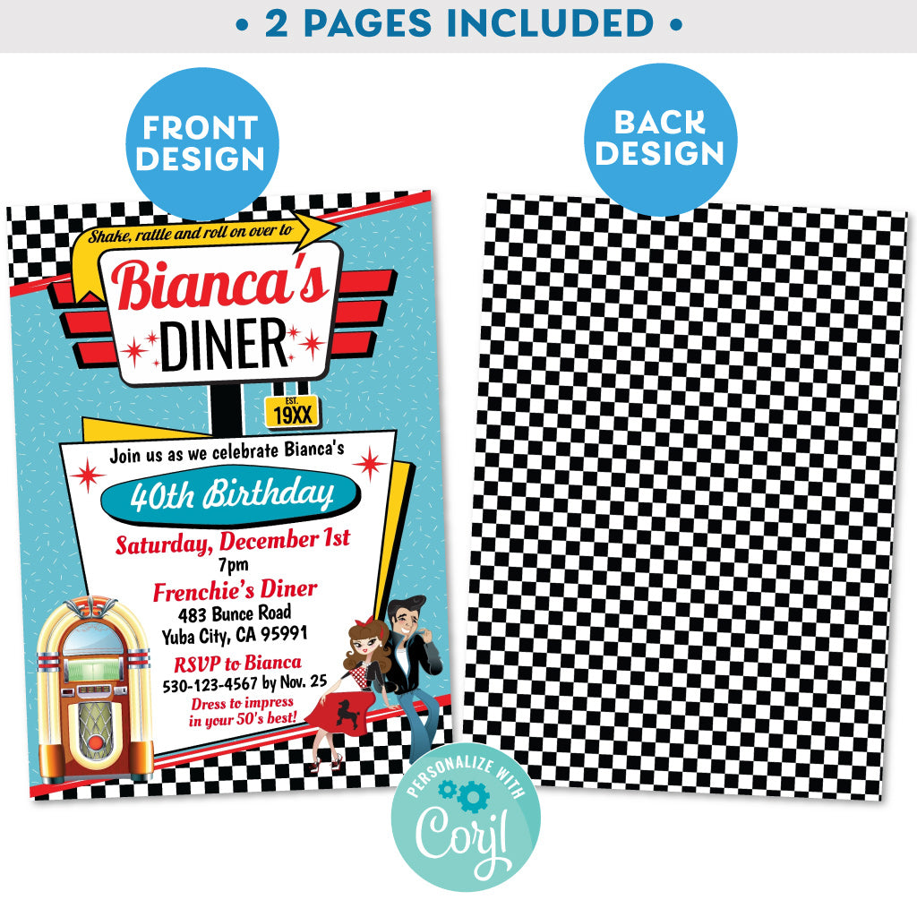 PRINTABLE 50s Diner Invitation in Teal, Red and Yellow 5" x 7" – Invite ...