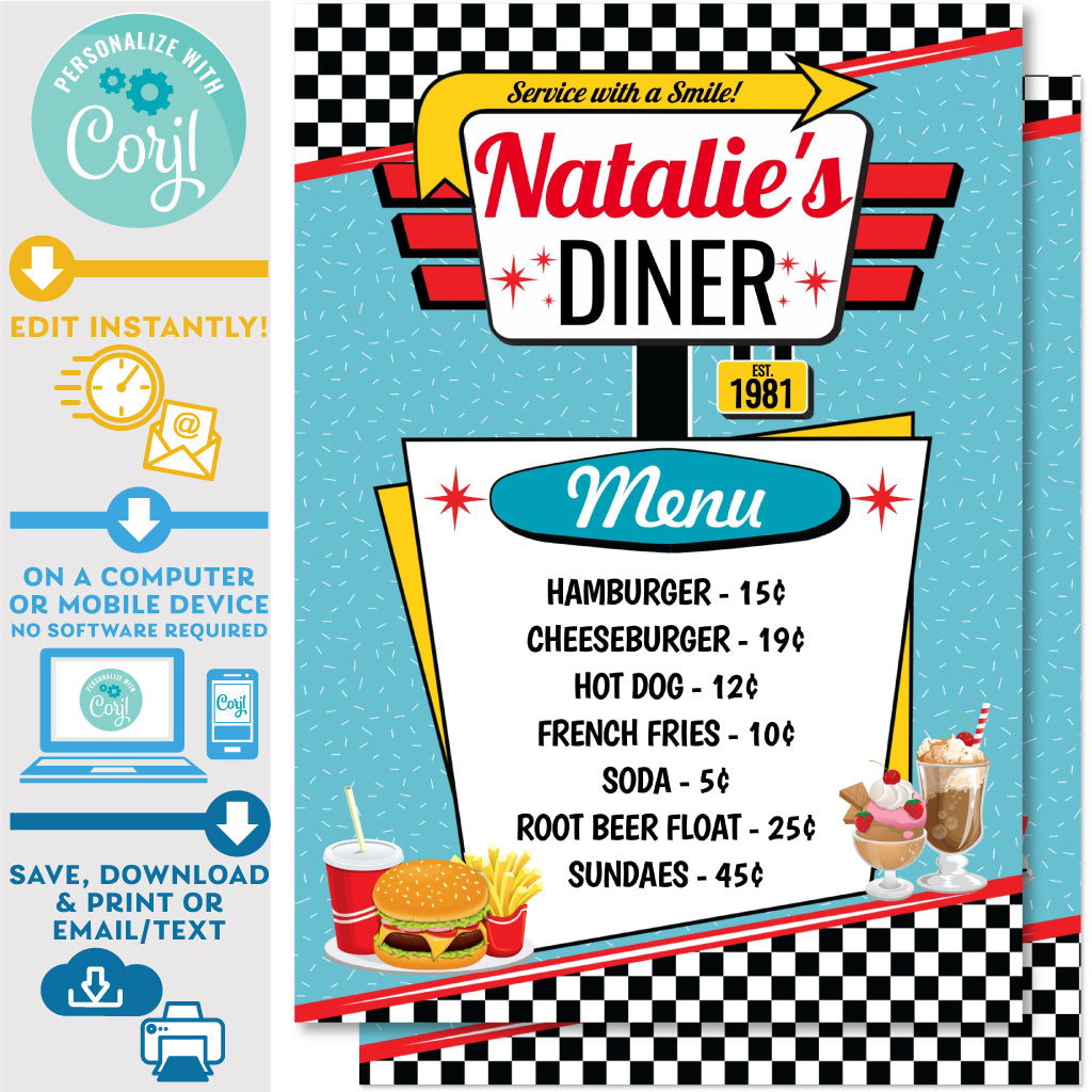 PRINTABLE 50s Diner Menu in Teal, Yellow and Red 5" x 7" – Invite Central