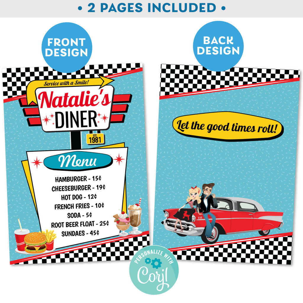 PRINTABLE 50s Diner Menu in Teal, Yellow and Red 5" x 7" – Invite Central