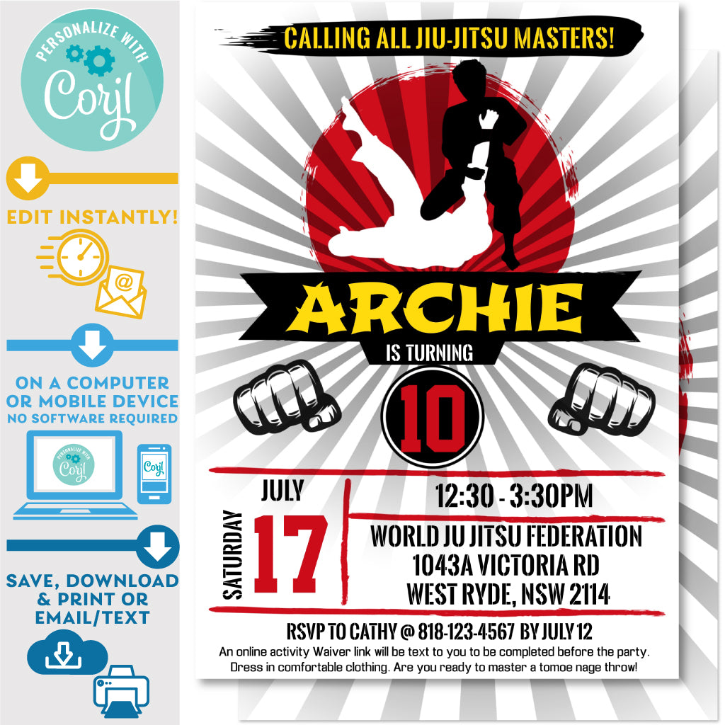 PRINTABLE Jiu Jitsu Martial Arts Boys Birthday Invitation 5" X 7 ...