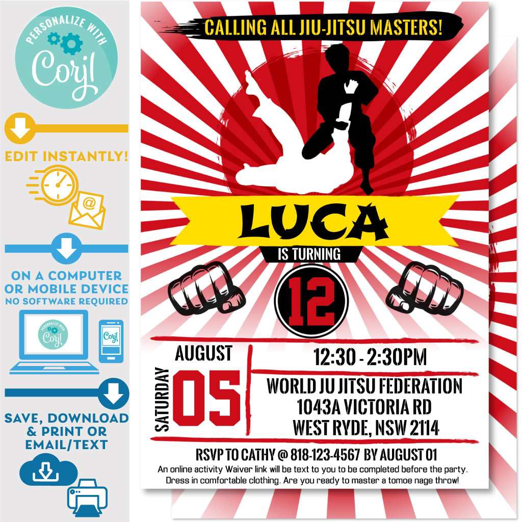 PRINTABLE Jiu Jitsu Martial Arts Boys Birthday Invitation 5" X 7 ...