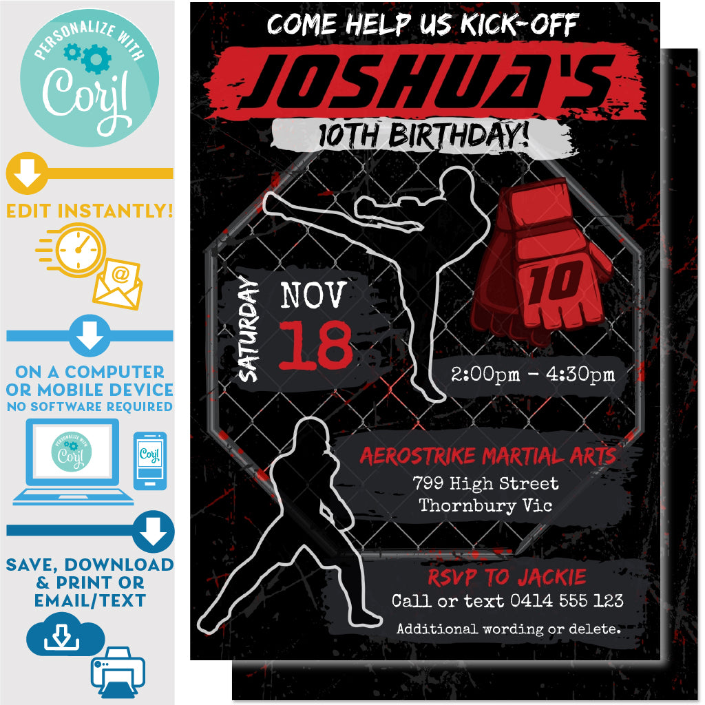 PRINTABLE Martial Arts MMA Karate Boys Invitation in Black and Red 5 ...