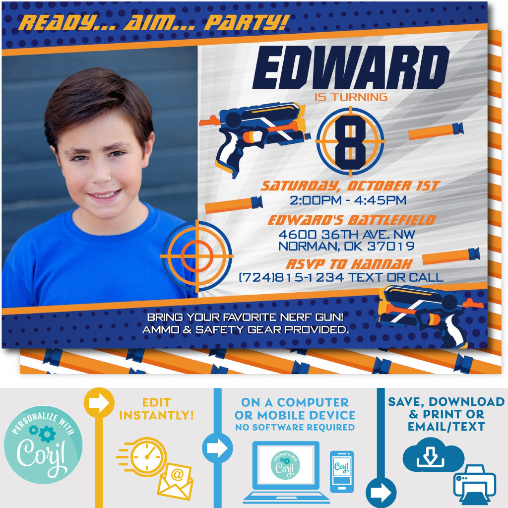 PRINTABLE Nerf Blaster Photo Invitation in Blue/Silver 5" x 7" – Invite ...