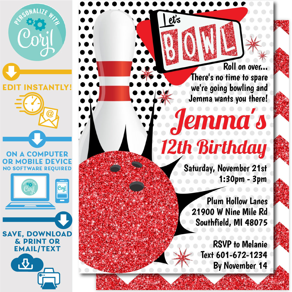 PRINTABLE Retro Pin Up Tenpin Bowling Invitation in Red and Black 5" x ...