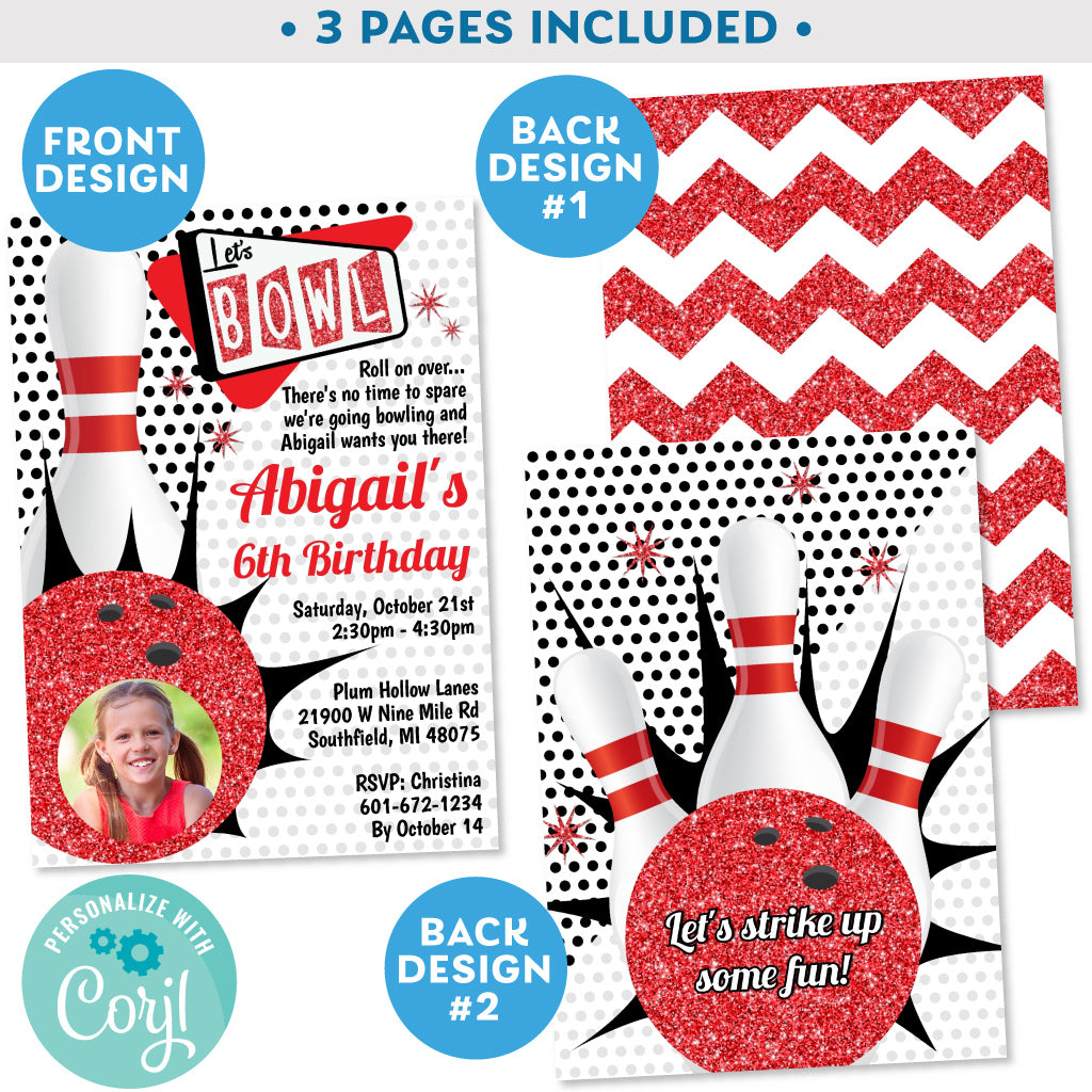 PRINTABLE Retro Pin Up Tenpin Bowling Invitation in Red and Black with ...