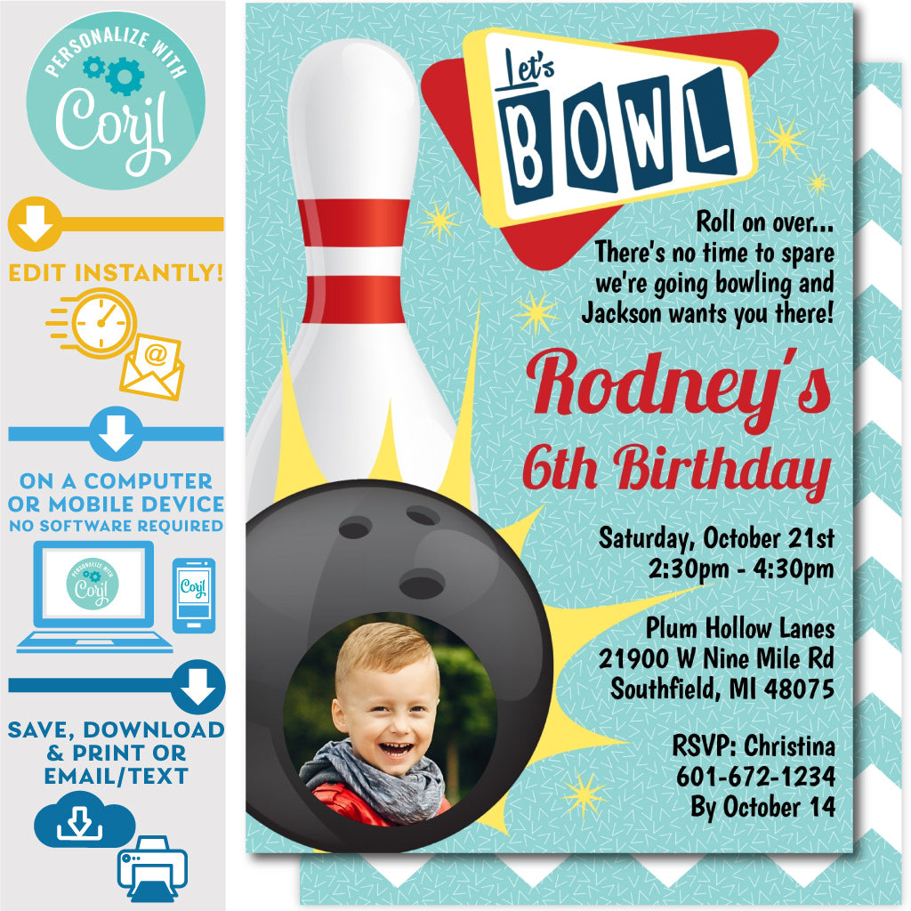 PRINTABLE Retro Tenpin Bowling Invitation in Teal and Red with Photo 5 ...