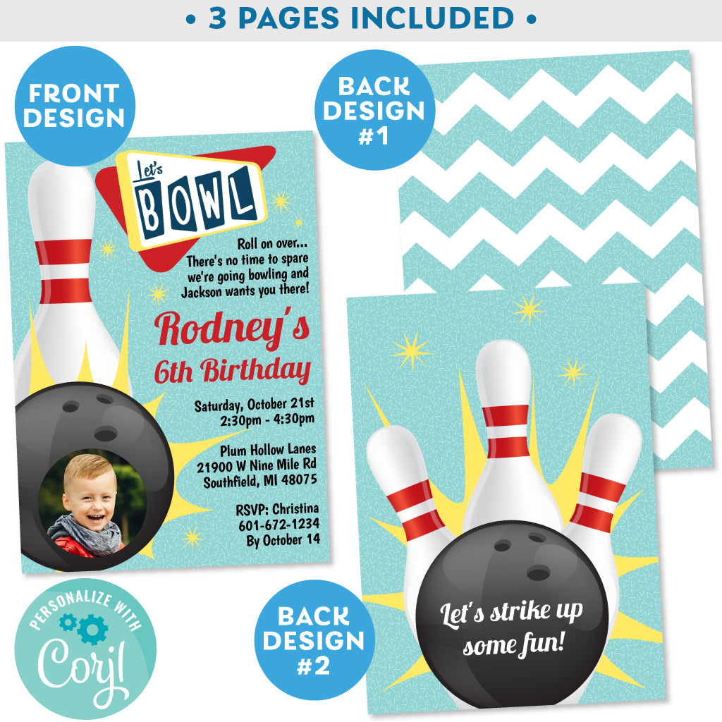 PRINTABLE Retro Tenpin Bowling Invitation in Teal and Red with Photo 5 ...