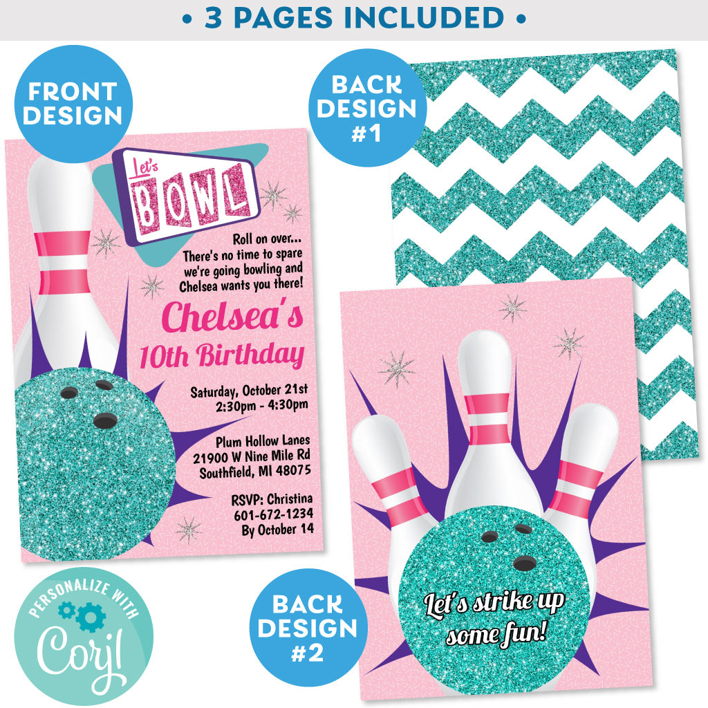 PRINTABLE Retro Tenpin Bowling Invitation in Pink and Teal Glitter 5 ...